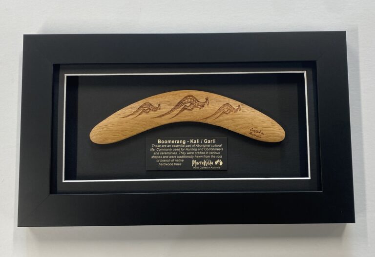 (FBBK) Framed "Rosewood" Boomerang - Burnt Kangaroo design. • Murra Wolka